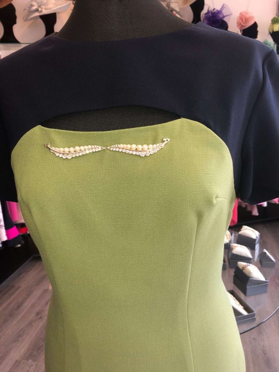 BADOO - Olive Dress with Navy Trim and Diamante and Pearl Brooch ...